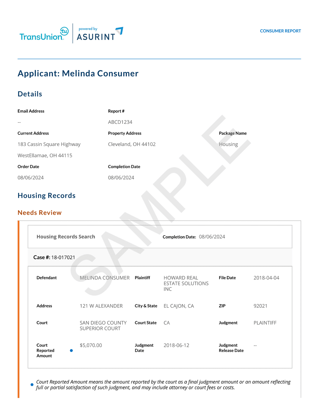 Sample Document: TransUnion Screening Reports