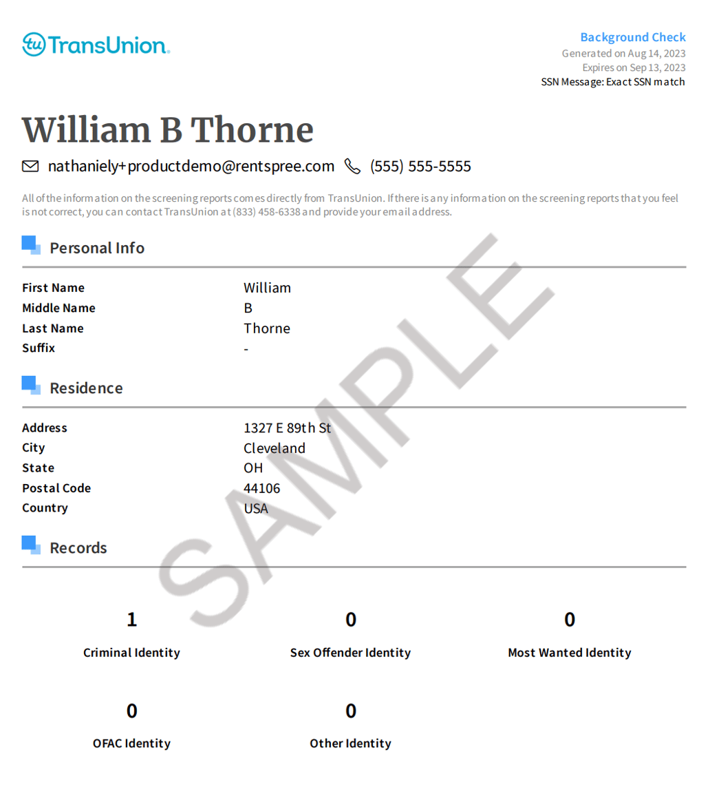 Sample Document: TransUnion Screening Reports