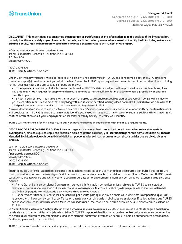 Sample Document: A Completed RentSpree Application & TransUnion Screening Reports