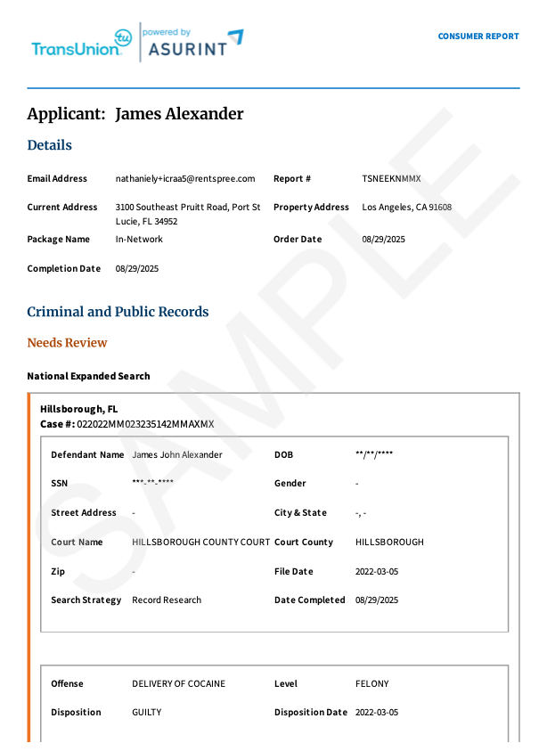 Sample Document: A Completed RentSpree Application & TransUnion Screening Reports