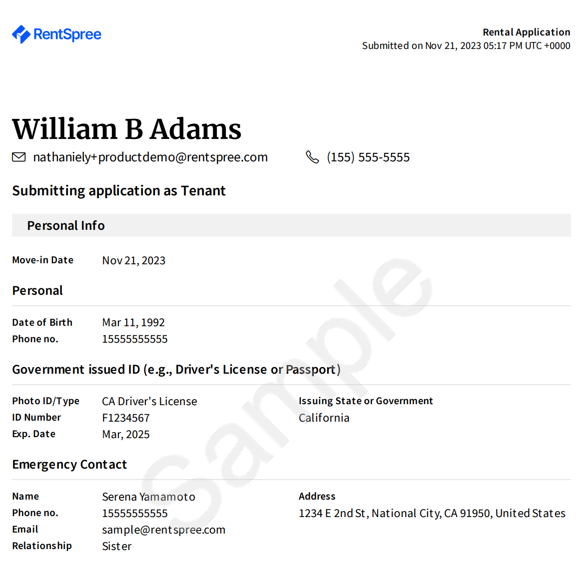 Sample Document: A Completed RentSpree Application