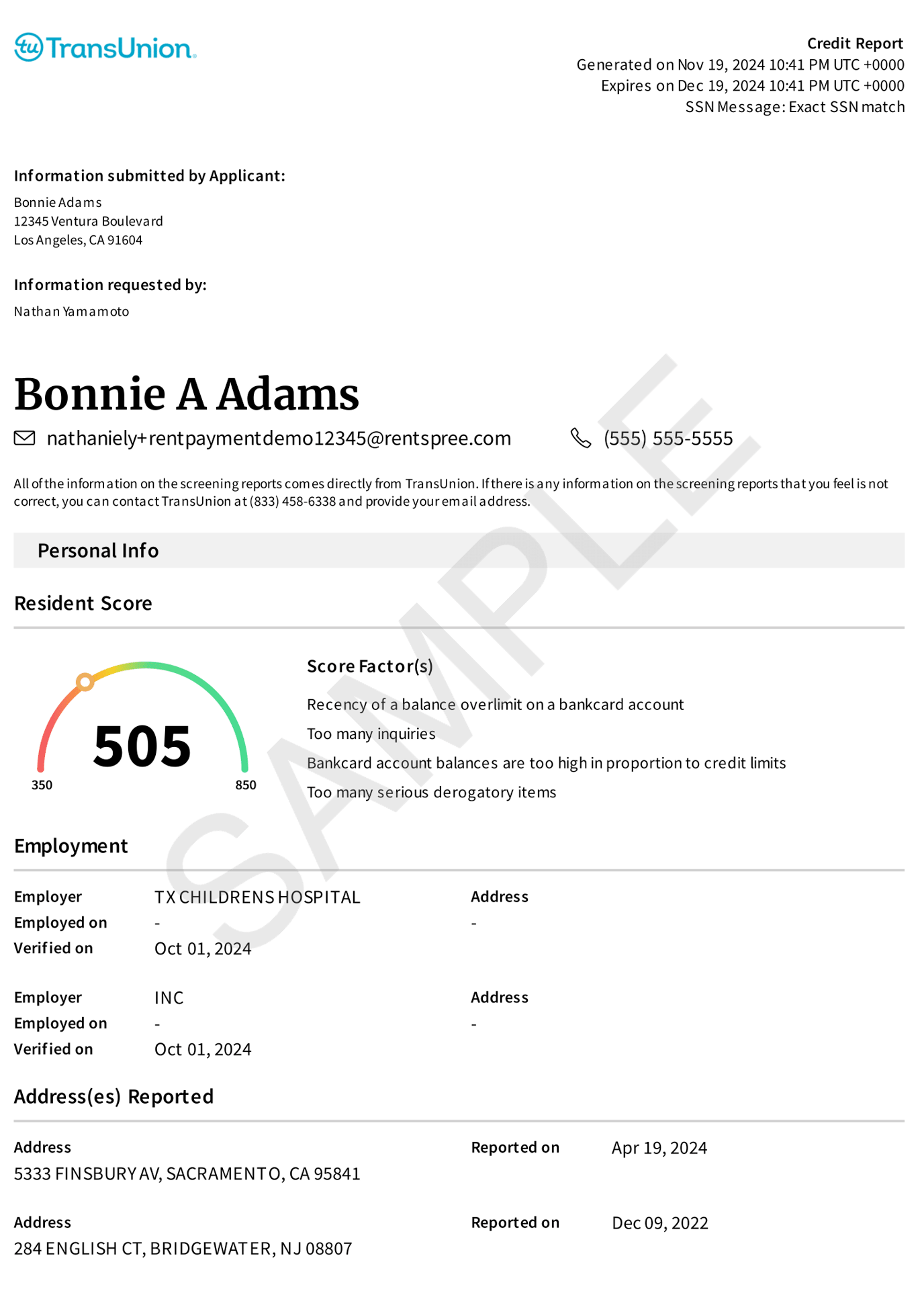 Sample Document: TransUnion Screening Reports
