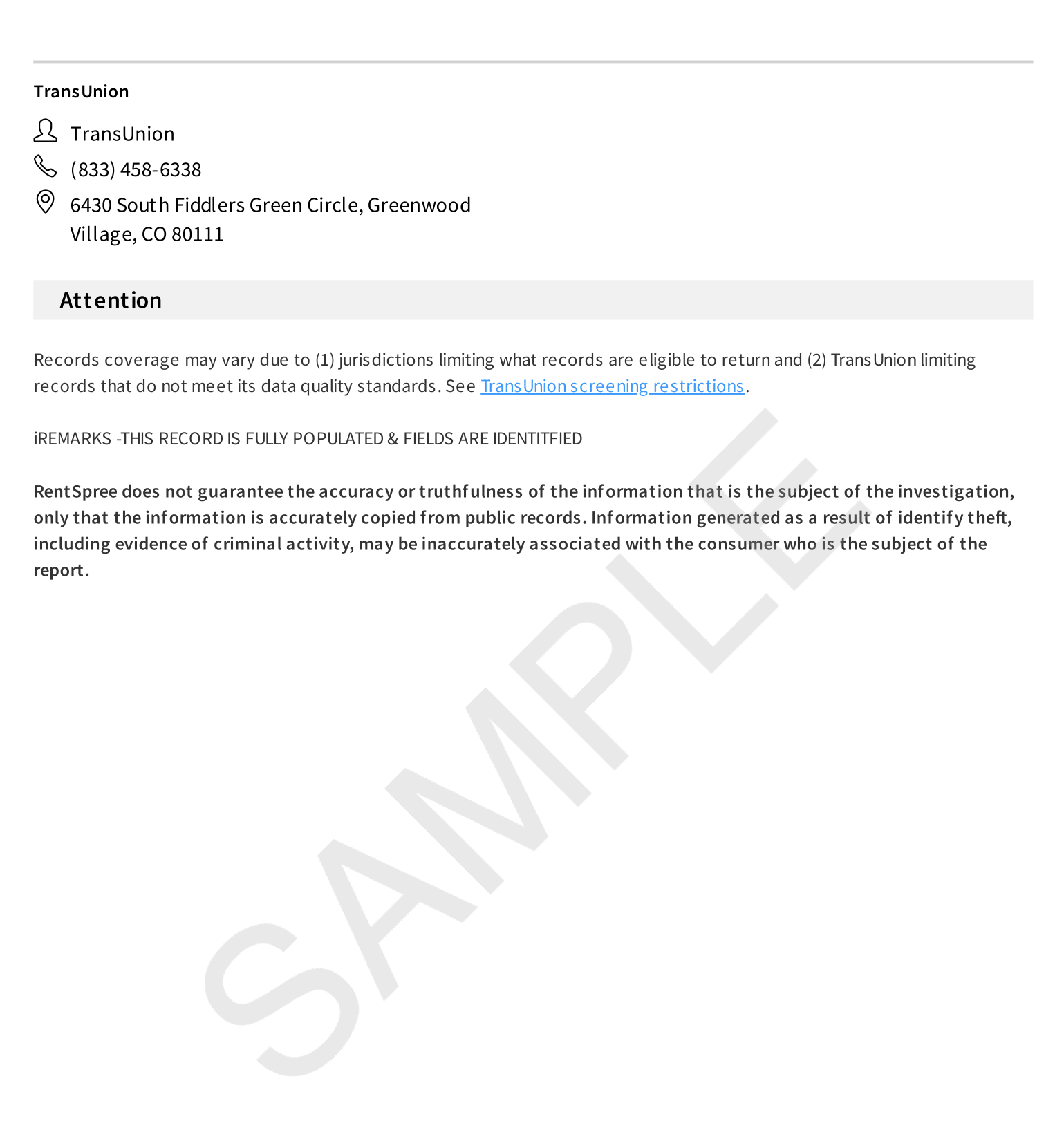 Sample Document: TransUnion Screening Reports