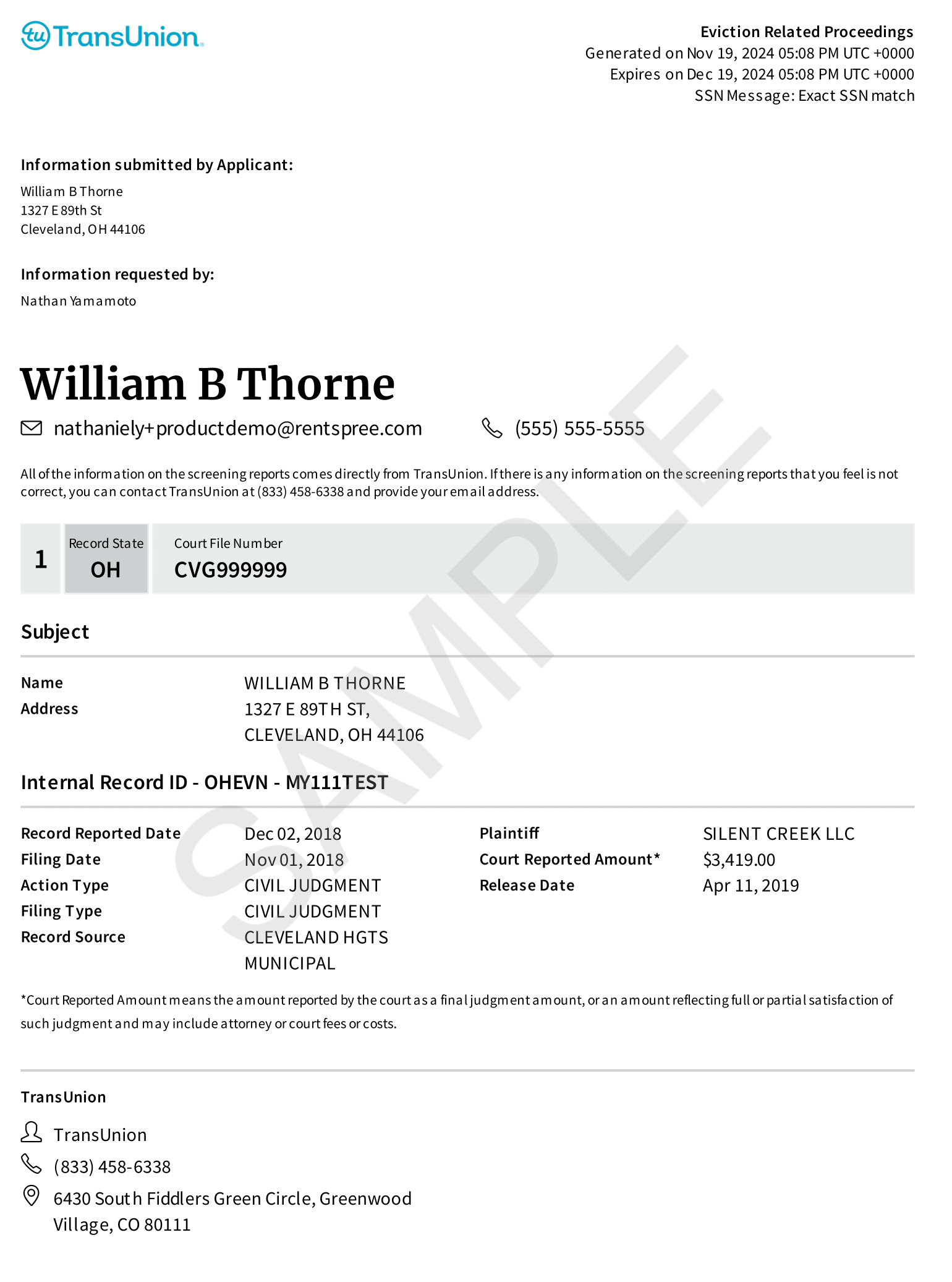 Sample Document: A Completed RentSpree Application & TransUnion Screening Reports