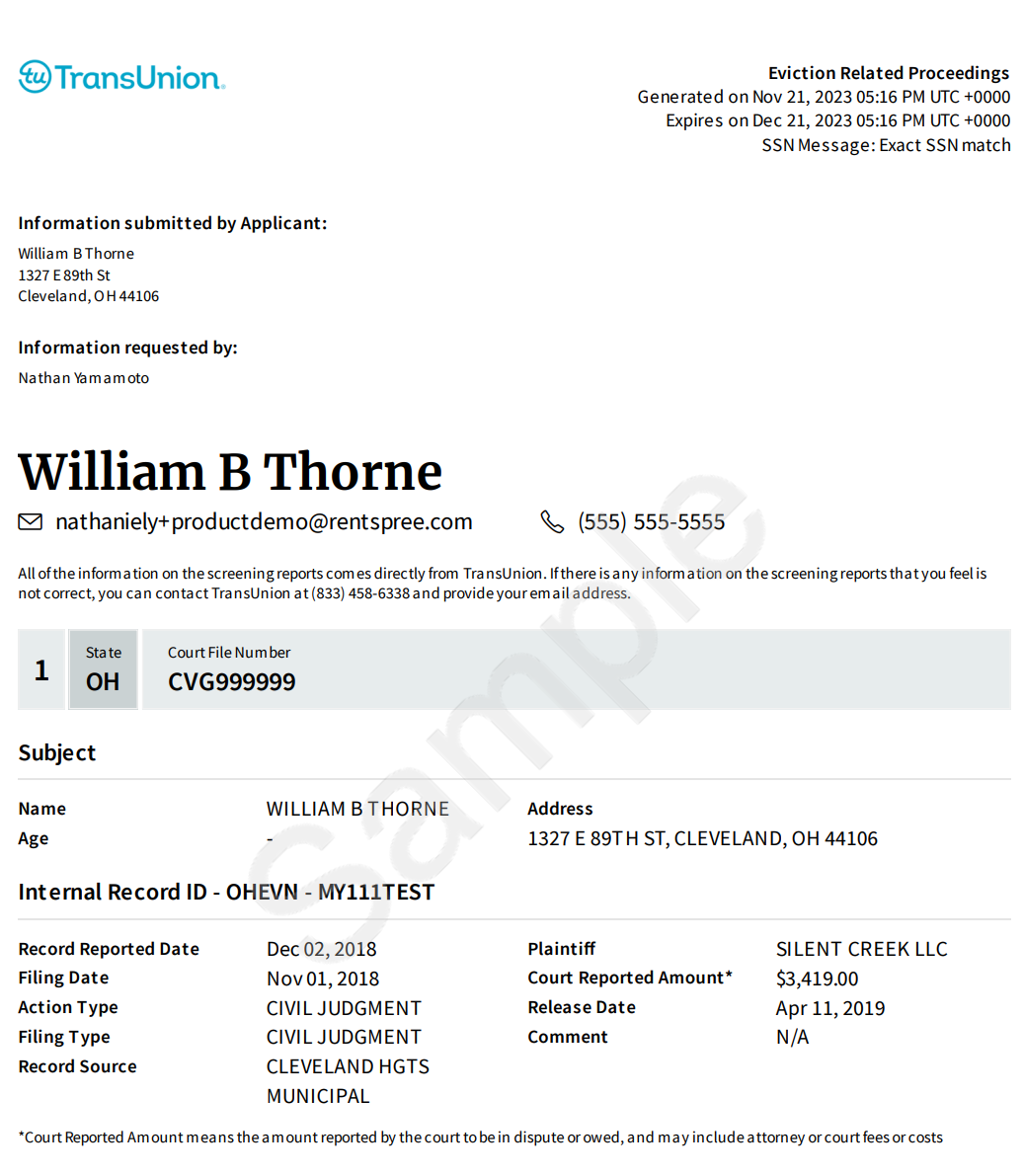 Sample Document: TransUnion Screening Reports