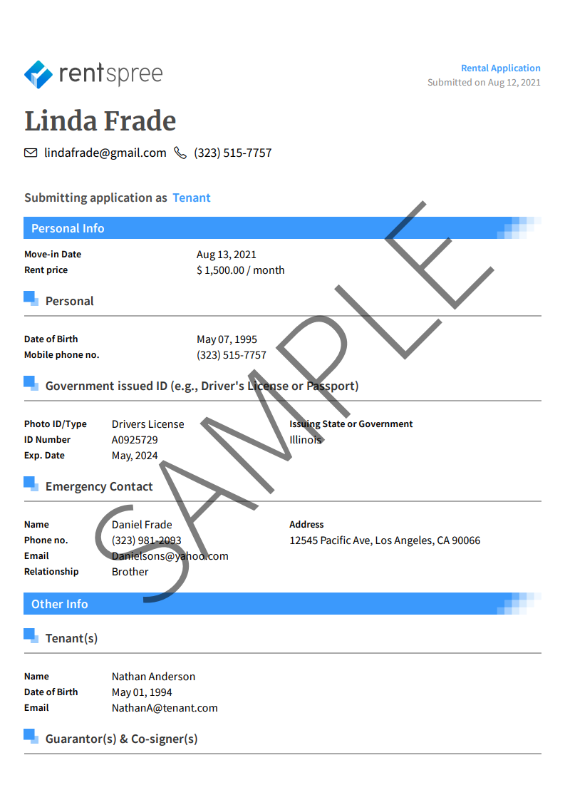 A Completed Sample RentSpree Application