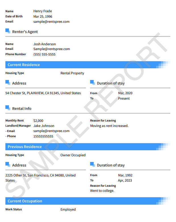 Sample Document: A Completed Sample RentSpree Application